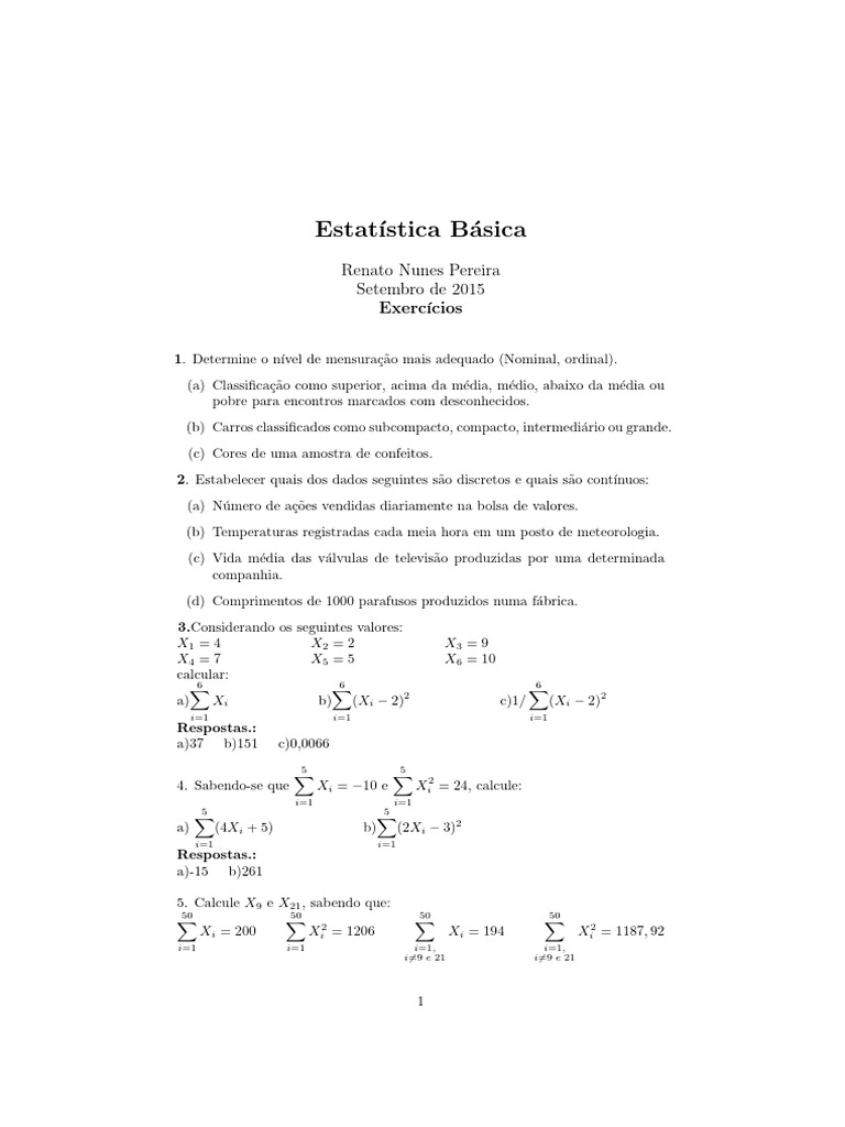 Lista1 - Estatistica Basica UFRRJ | PDF | Métodos e Materiais de Ensino