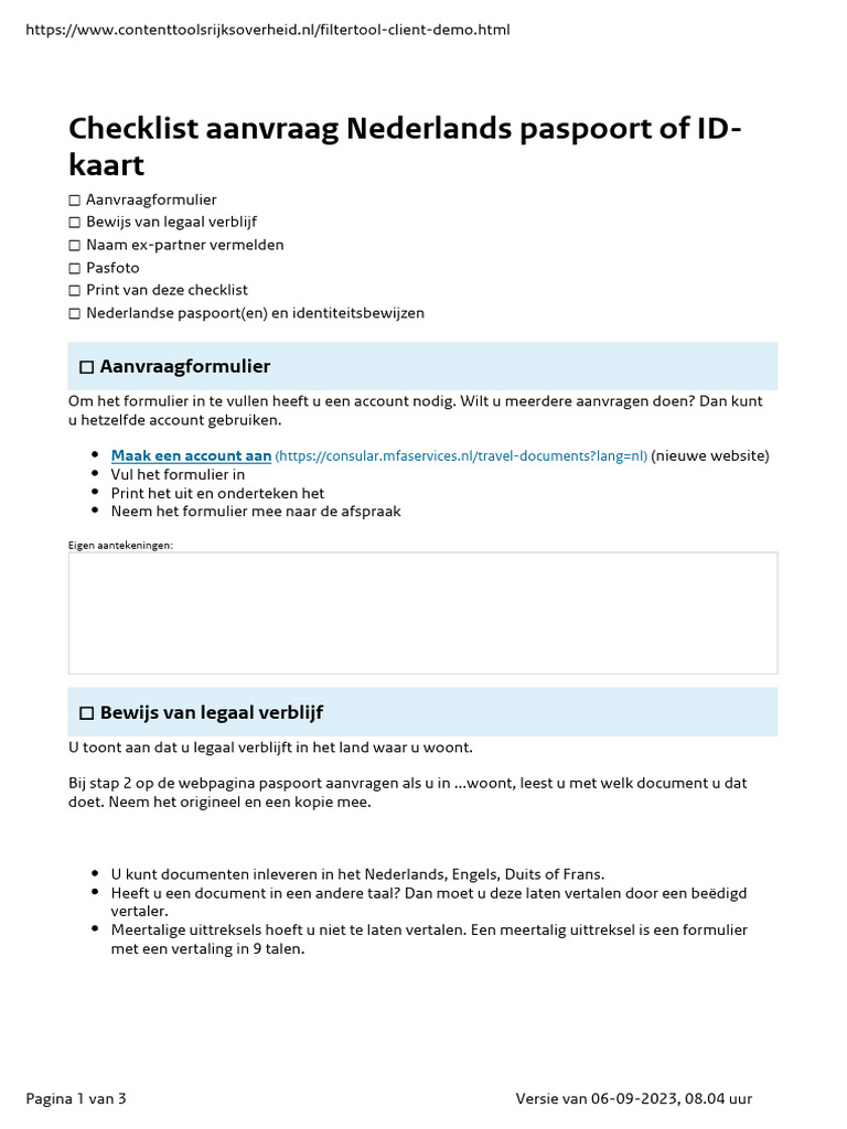 Checklist Aanvraag Nederlands Paspoort of Id Kaart | PDF