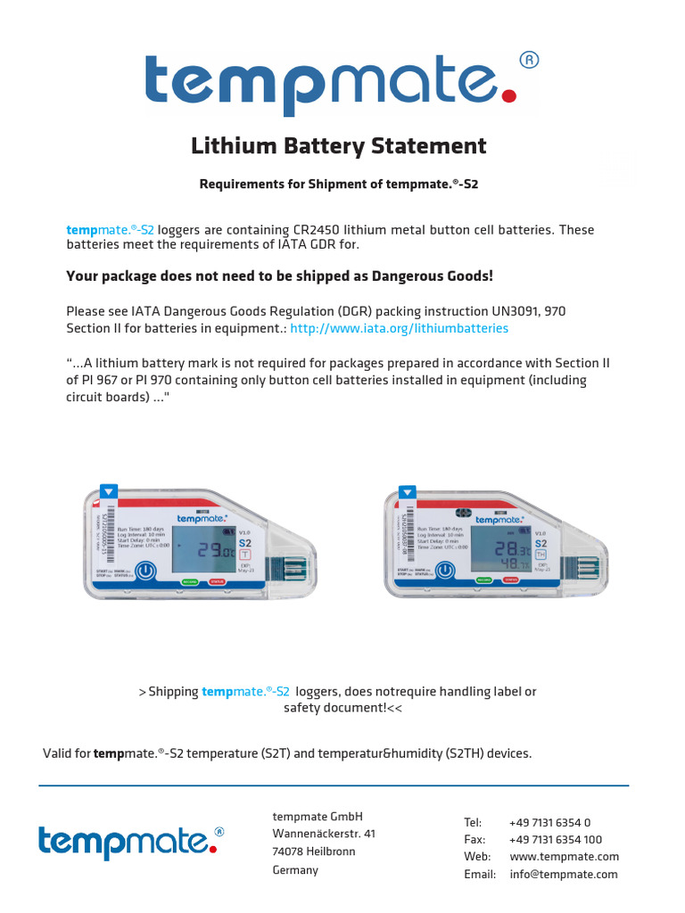 Tempmate S2 Battery Statement | PDF