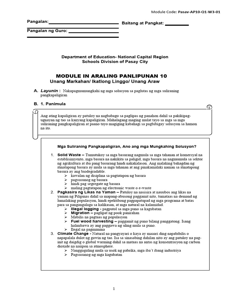 Module in Araling Panlipunan 10: Unang Markahan/ Ikatlong Linggo/ Unang Araw | PDF