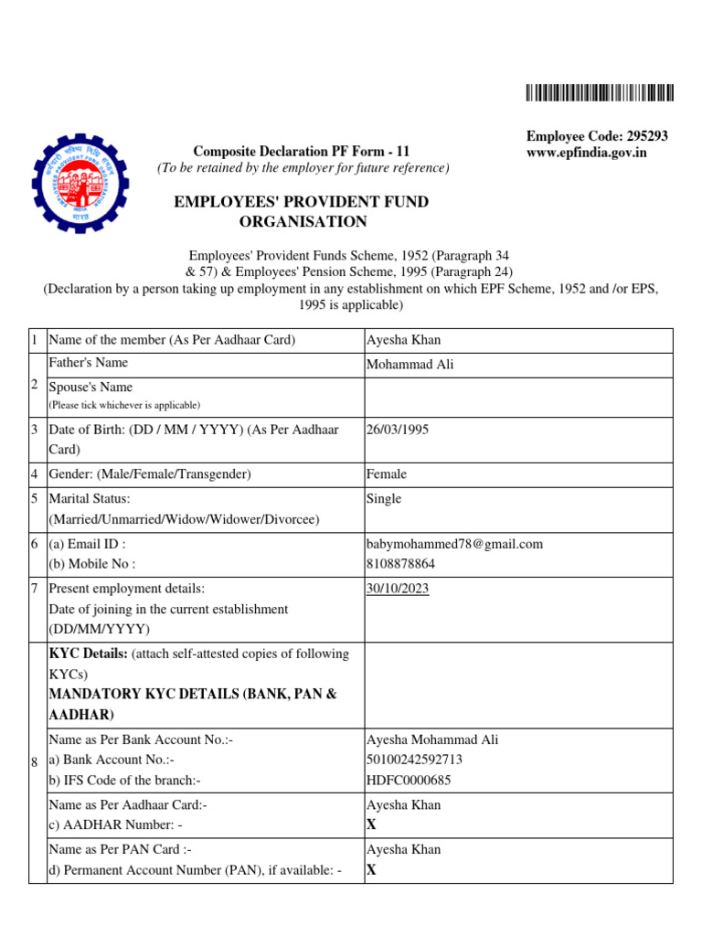 EPF and EPS Employment Declaration Form | PDF | Privacy | Applications ...