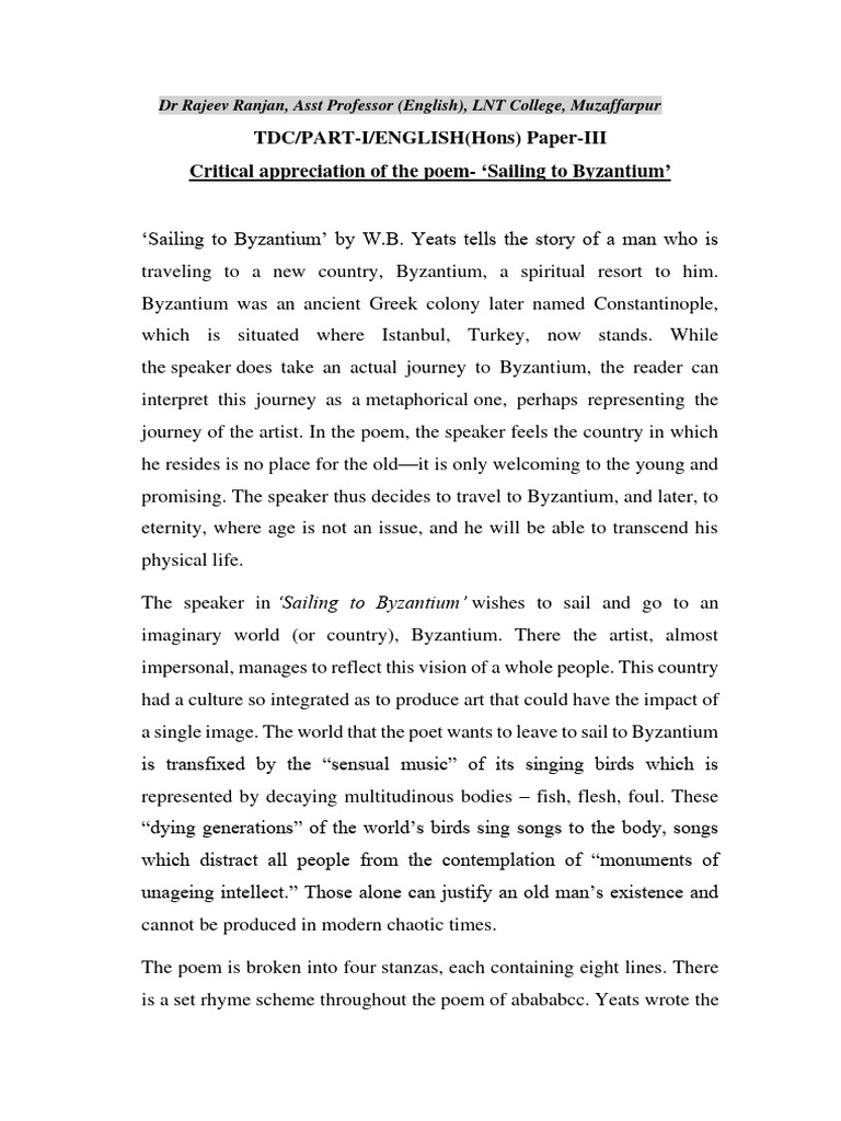 Sailing To Byzantium - Critical Appriciation | PDF | Poetry | Poetics