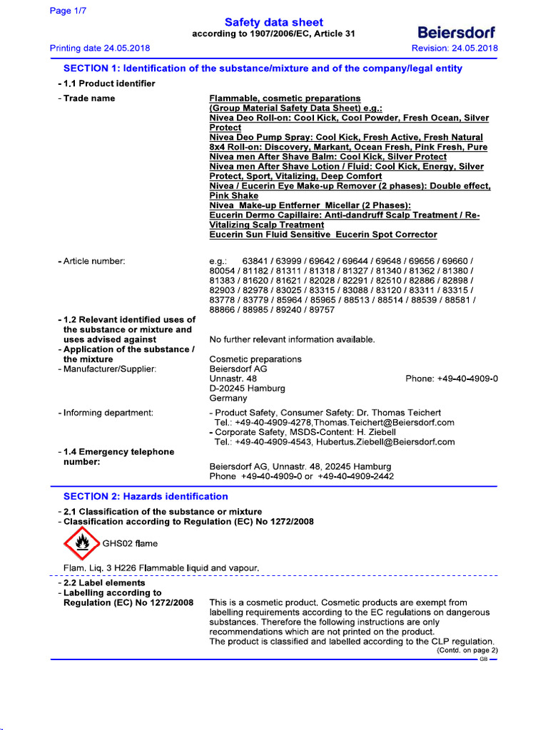 Safety Data Sheet - Nivea Flammable Cosmetic Preparations | PDF