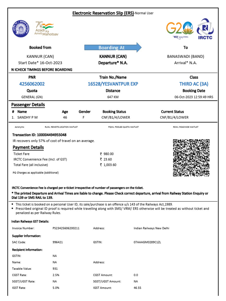 16528/yesvantpur Exp Third Ac (3A) | PDF | Identity Document