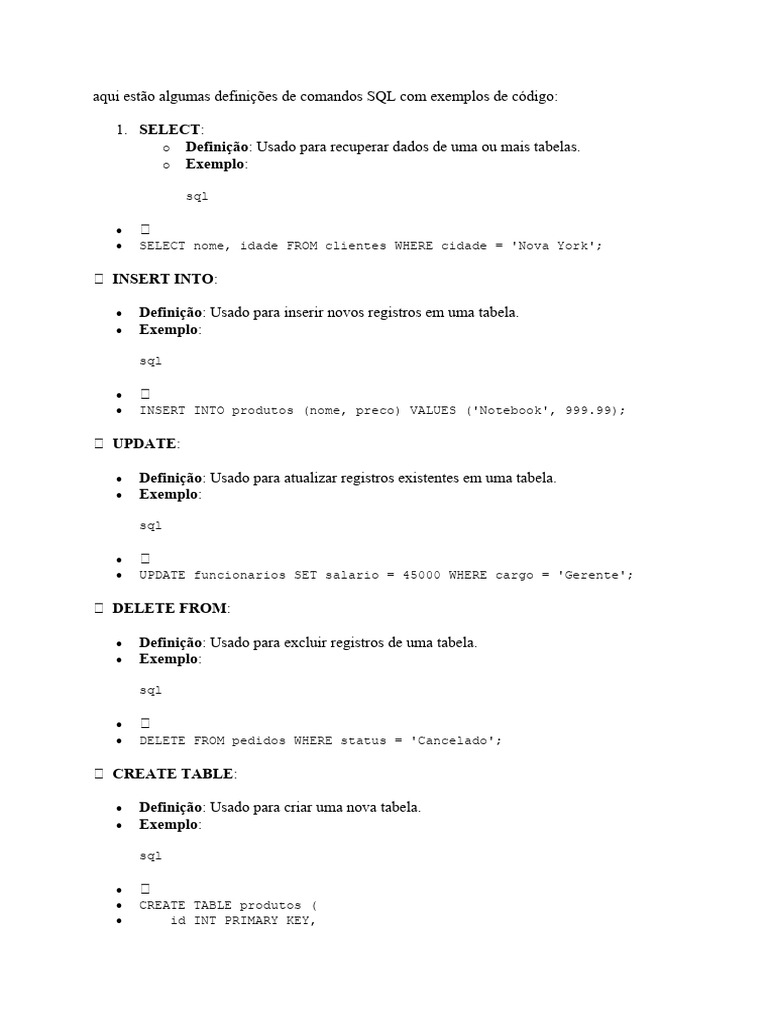 Comandos SQL: Definições e Exemplos | PDF | SQL | Software de ...
