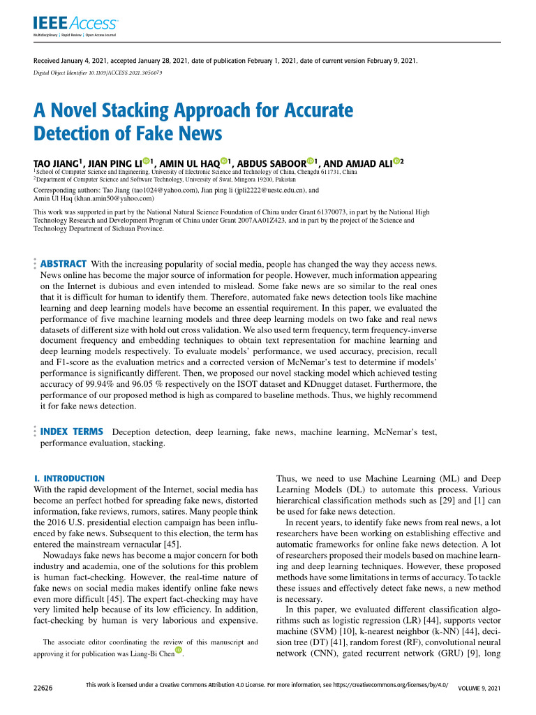 A Novel Stacking Approach For Accurate Detection of Fake News | PDF ...