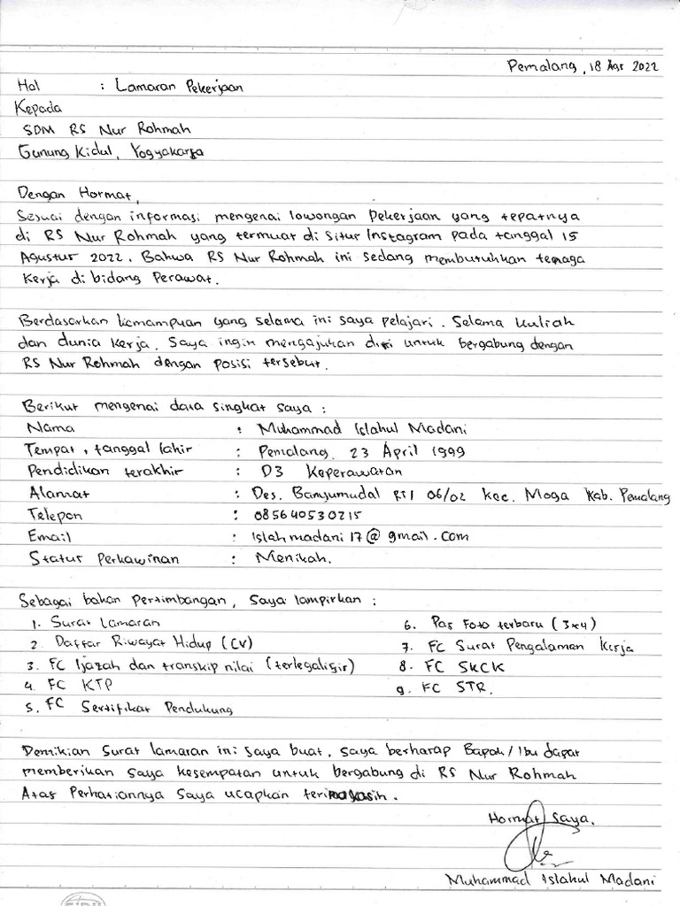 Surat Lamaran RS Nur Rohmah | PDF