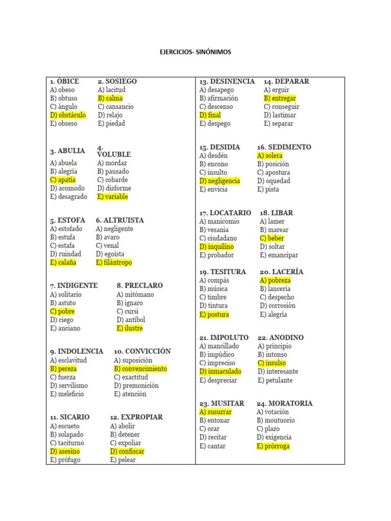 Ejercicios Sinónimos Resuelto | PDF