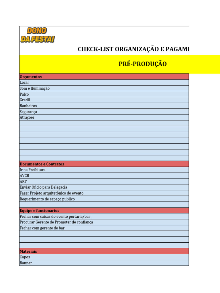 Planilha de Custos e Check List Dono Da Festa! | PDF | Business | Economias Planilha de Custos e Check List Dono Da Festa! | PDF | Business | Economias