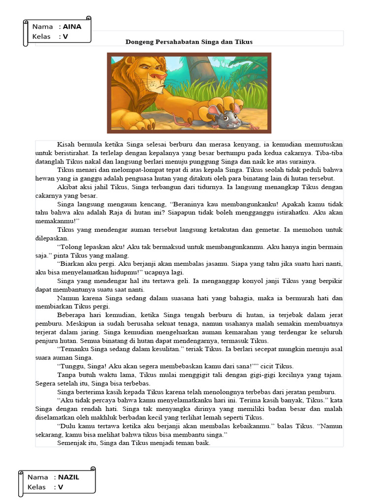 Dongeng Persahabatan Singa Dan Tikus | PDF