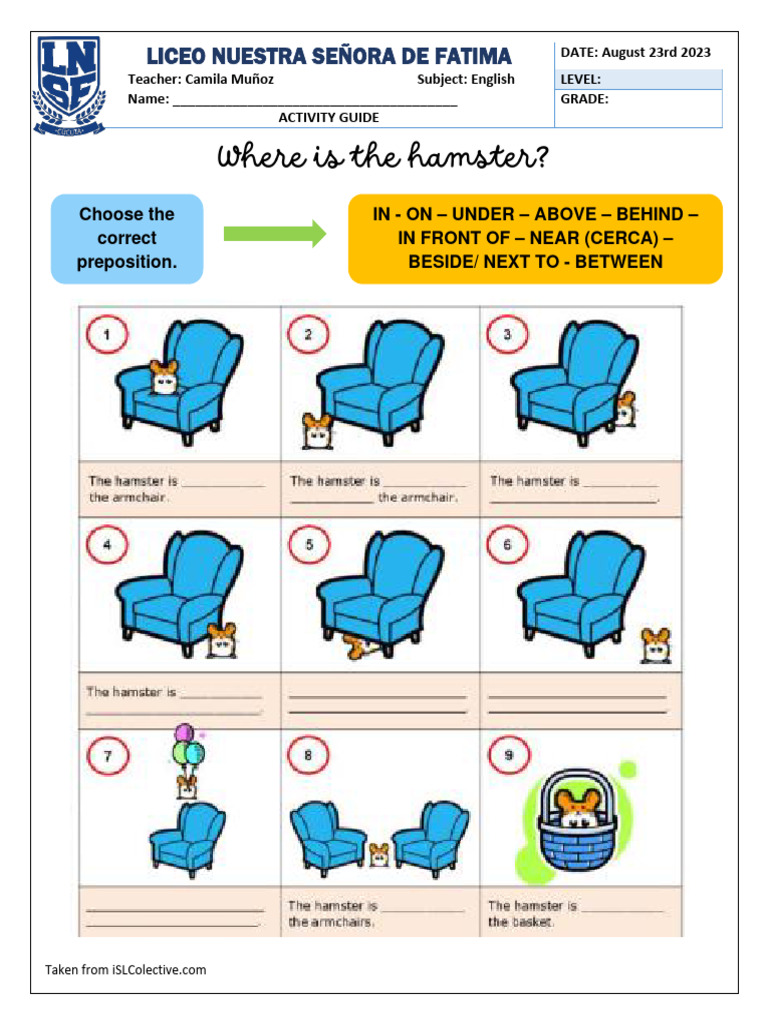 Where Is The Hamster - Prepositions of Place | PDF