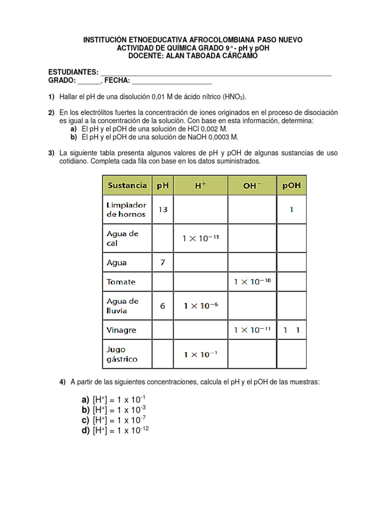 Actividad PH y POH - Plan de Clase 4 | PDF | Métodos y materiales de enseñanza