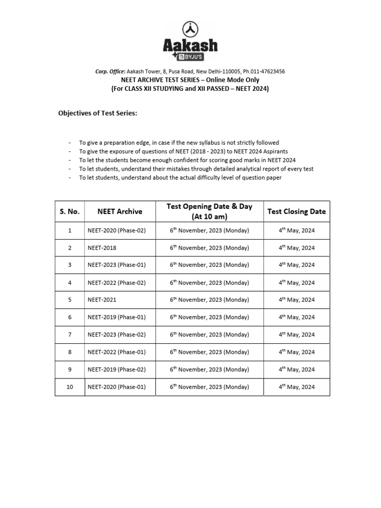 NEET Archive Test Series 2024 Details | PDF | Technology & Engineering