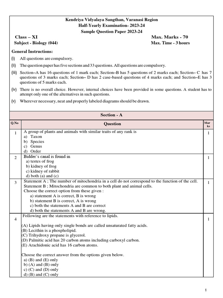 Sample Paper - Biology - Xi | PDF | Ploidy | Meiosis