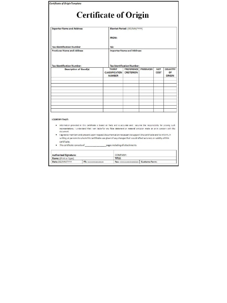 Certificate of Origin Template | PDF