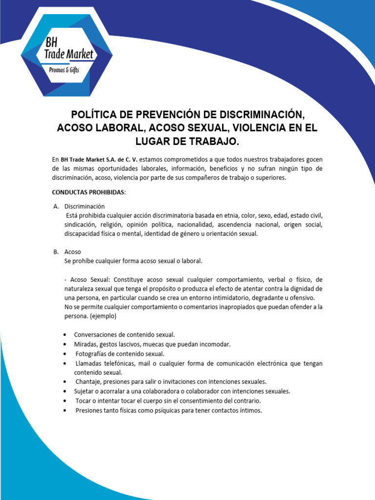 34.1 - POLÍTICA DE PREVENCIÓN DE DISCRIMINACIÓN, ACOSO LABORAL. - BH Trade Market. | PDF | Acoso ...