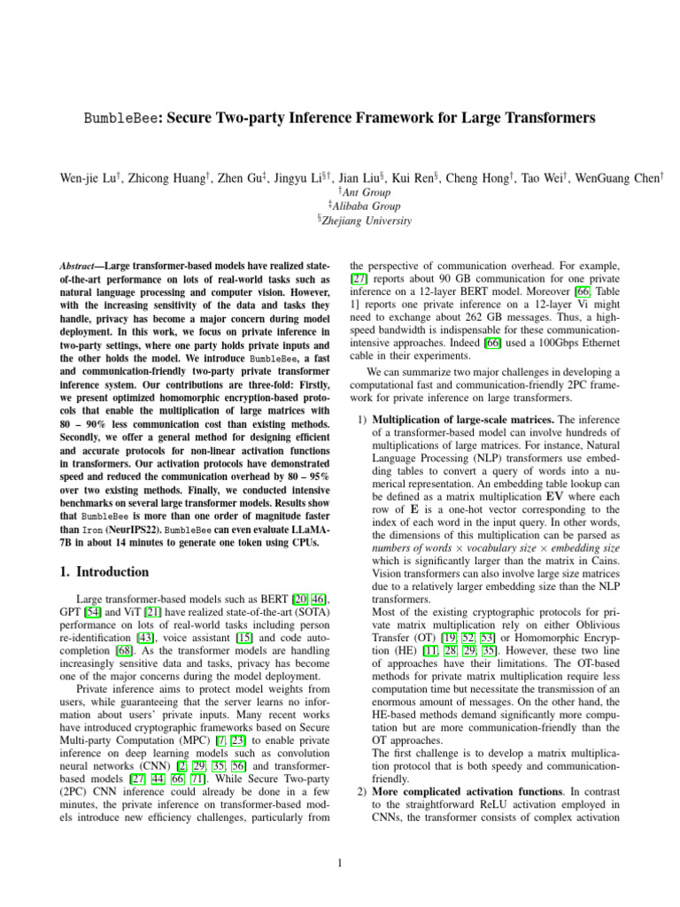 Bumblebee: Secure Two-Party Inference Framework For Large Transformers | PDF | Statistical ...