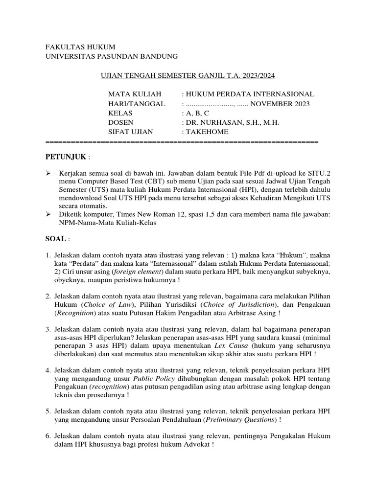 Ujian Hukum Perdata Internasional UTS 2023 | PDF | Ilmu Sosial | Hukum