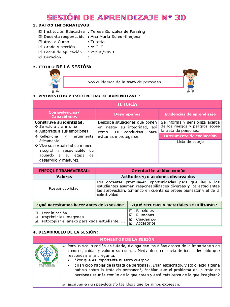 SESIÓN DE APRENDIZAJE 30 Nos Cuidamos de La Trata de Personas | Descargar gratis PDF ...