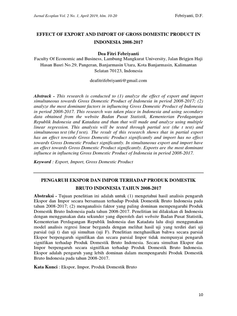 Pengaruh Ekspor Dan Impor Terhadap Produk Domestik Bruto Indonesia Tahun 2008-2017 | PDF