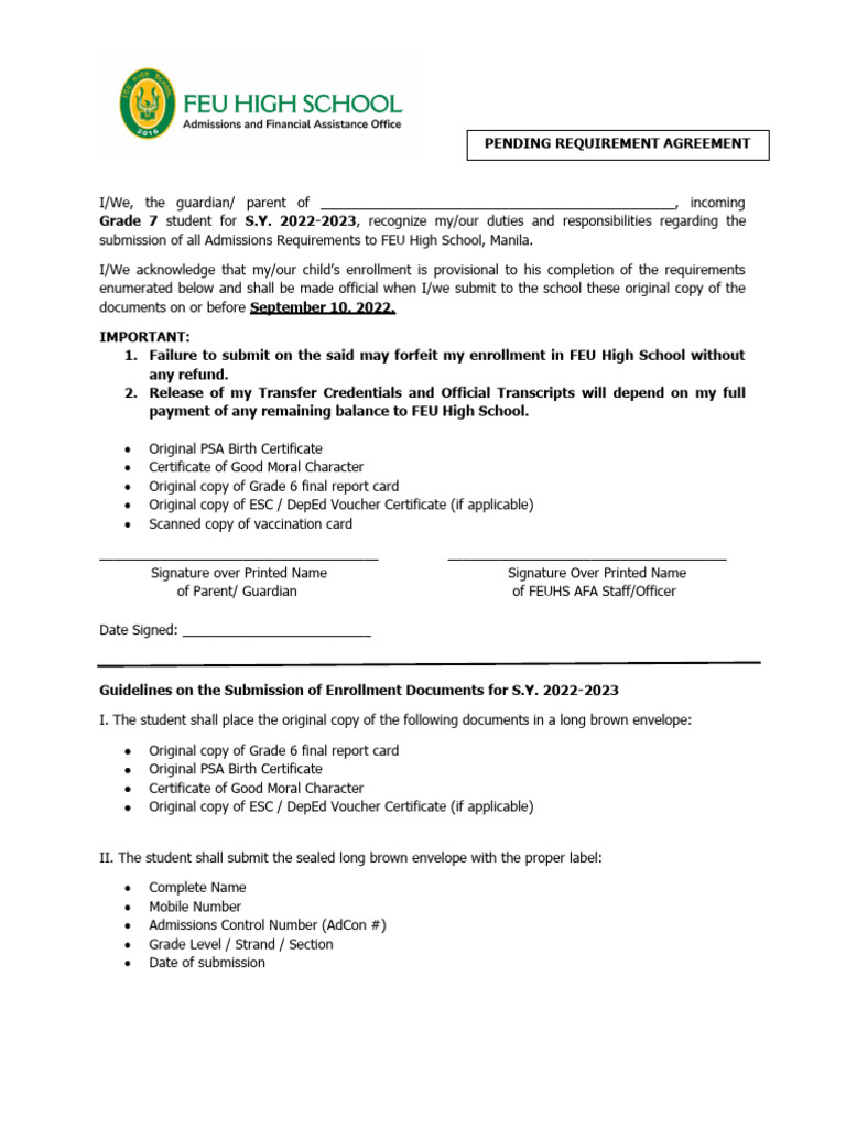 FEUHS Pending Requirement Agreement Form S.Y. 22 23 - Grade 7 1 | PDF