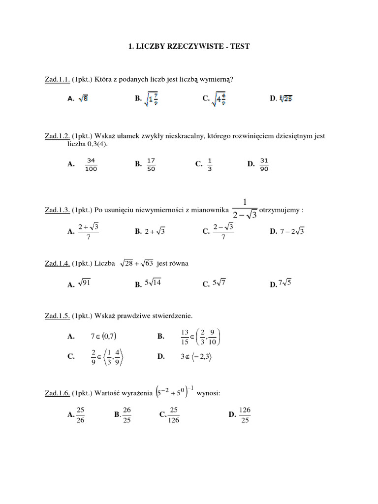 Liczby Rzeczywiste - Test | PDF