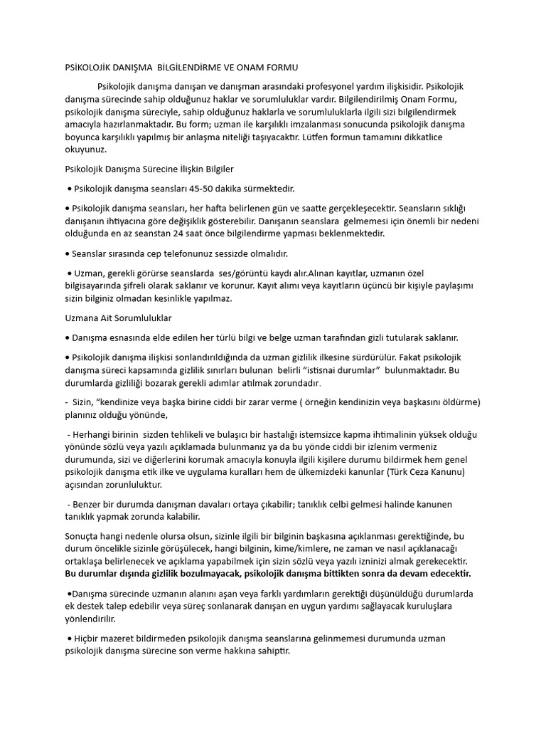 PSİKOLOJİK DANIŞMA BİLGİLENDİRME VE ONAM FORMU Merve Cankara | PDF