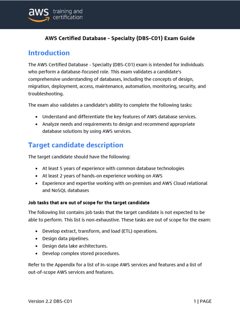 AWS Database Specialty Exam Guide | PDF | Amazon Web Services | Databases