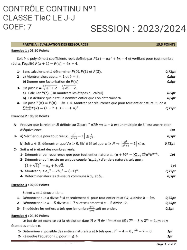CC Nº1 Maths TleC LE J-J. 2023 - 2024 | PDF