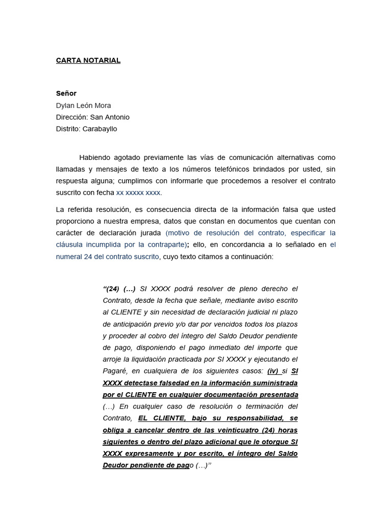 Carta Notarial de Resolucion de Contrato Modelos Iuris | PDF
