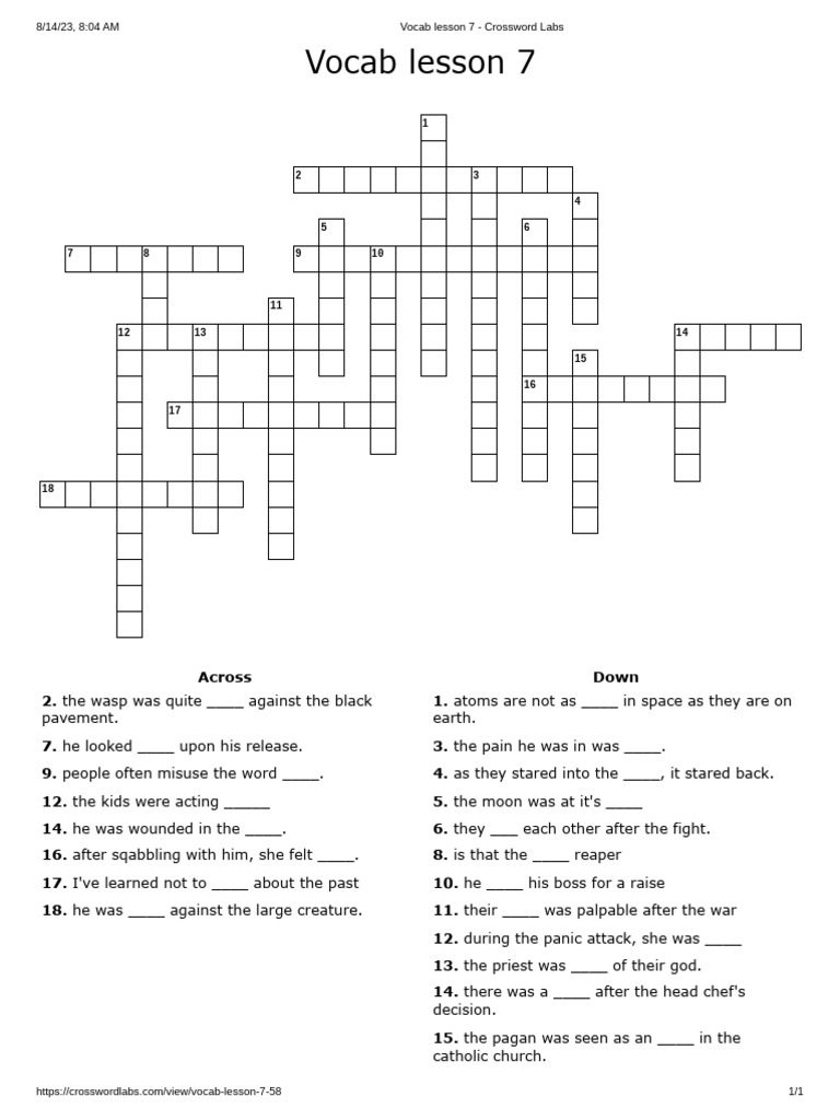 Vocab Lesson 7 - Crossword Labs | PDF