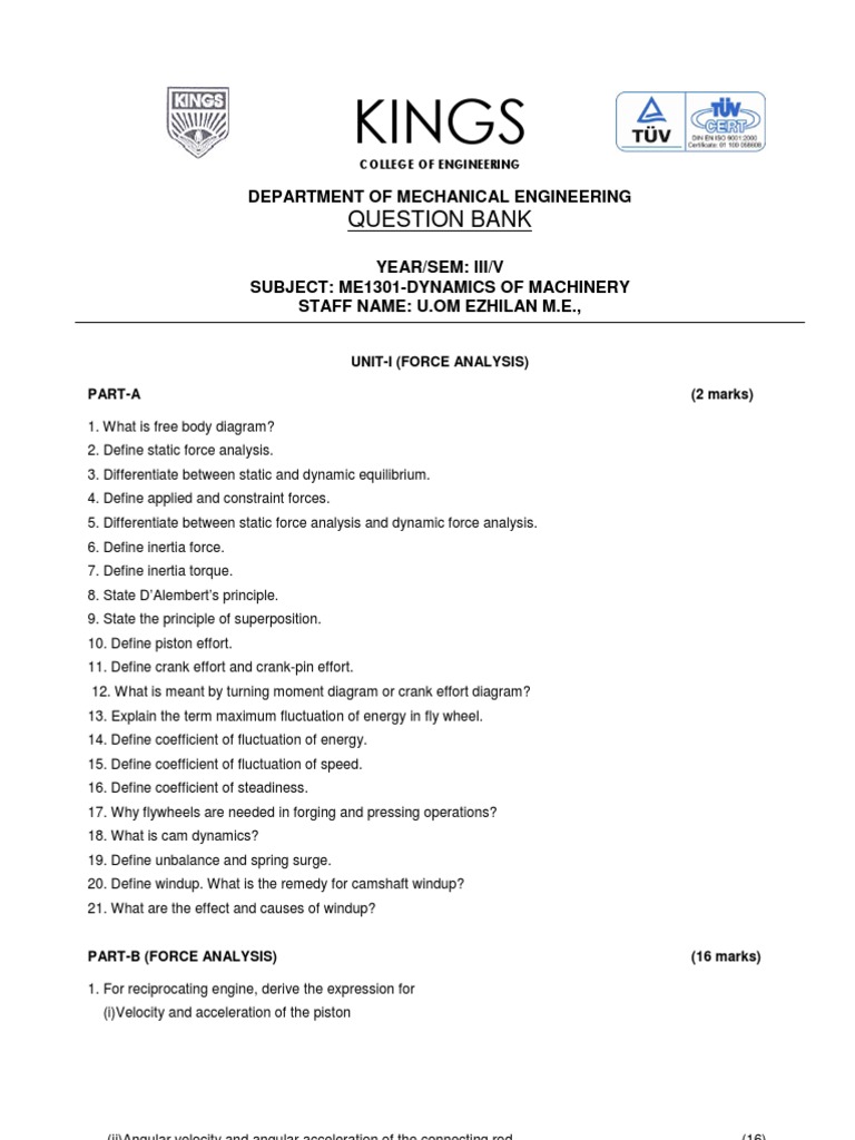 KCE Mechanical Engineering Question Bank | PDF | Force | Mechanical ...