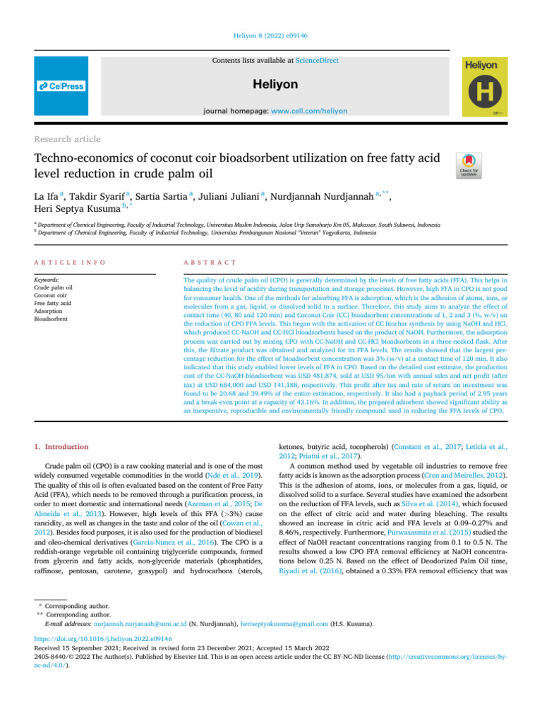 Techno-Economics of Coconut Coir Bioadsorbent Utilization On Free Fatty ... Techno-Economics of Coconut Coir Bioadsorbent Utilization On Free Fatty ...