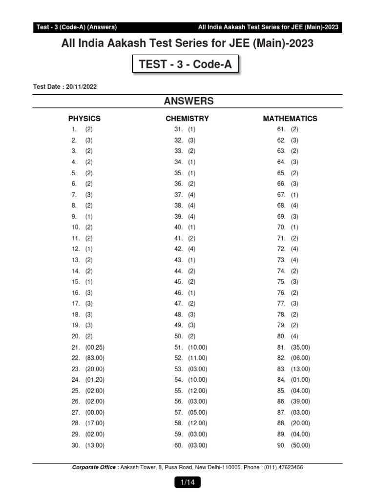Aiats-3 Ss Xii Jee Main Test-03!20!11-2022 Sol | PDF | Chemical ...