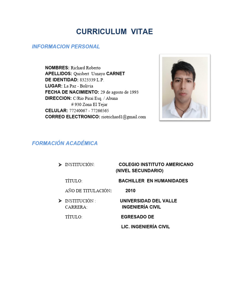 Currículum Vitae de Richard Quisbert | PDF | Ingeniería