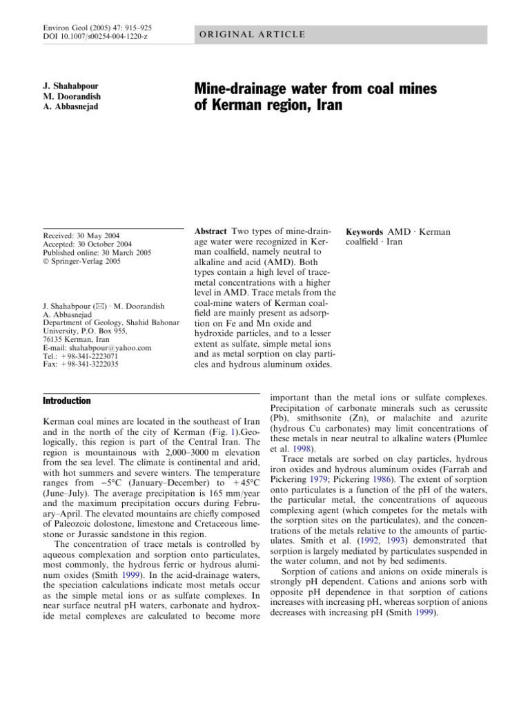 Mine-Drainage Water From Coal Mines of Kerman Region, Iran | PDF | Ph ...