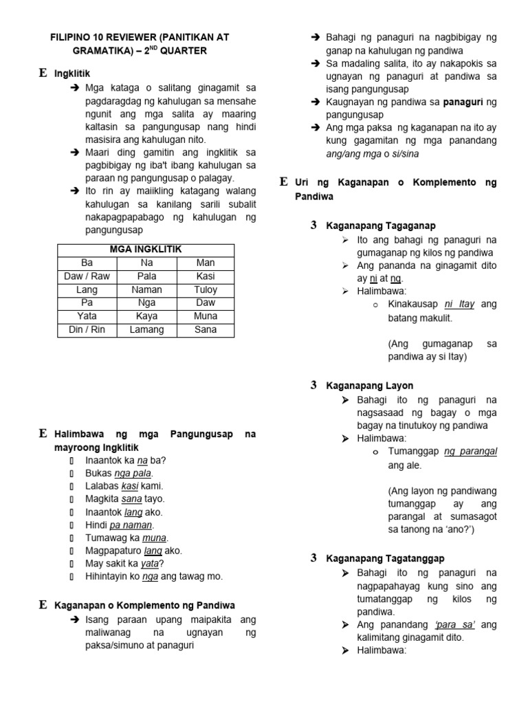 FILIPINO 10 REVIEWER - 2nd Quarter | PDF