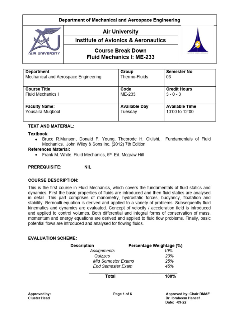 Me 233 Fluid Mechanics I Pdf Fluid Mechanics Fluid Dynamics