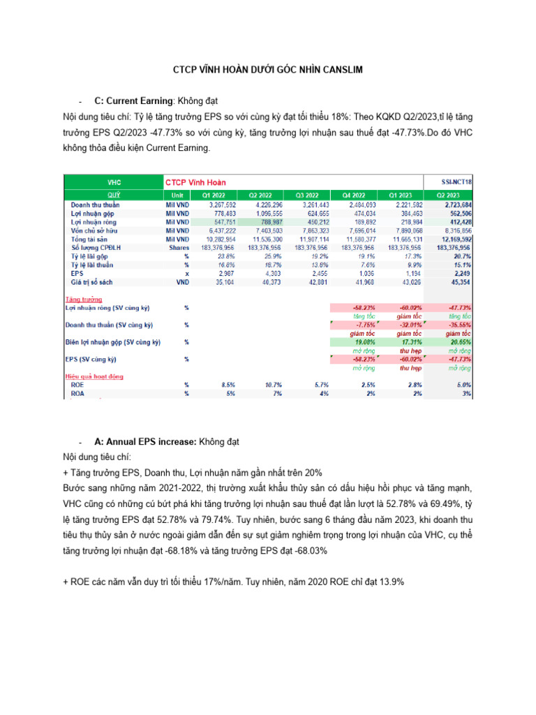 CTCP Vĩnh Hoàn Dư I Góc Nhìn Canslim | PDF