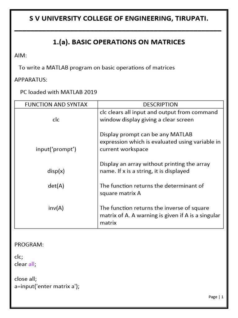 Matlab Record Pdf Matrix Mathematics Determinant