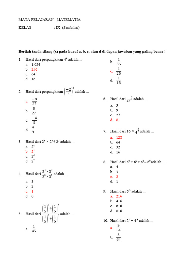 Soal PTS MTK Kelas 9 | PDF