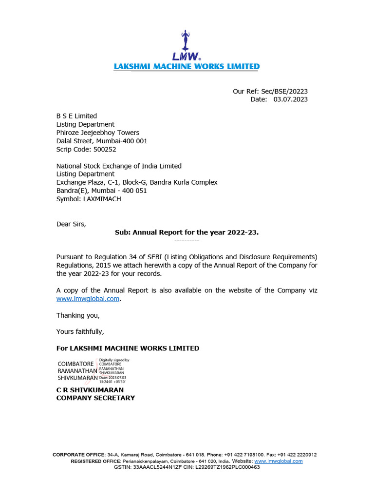 Lakshmi Machine Works Limited: Sub: Annual Report For The Year 2022-23 ...