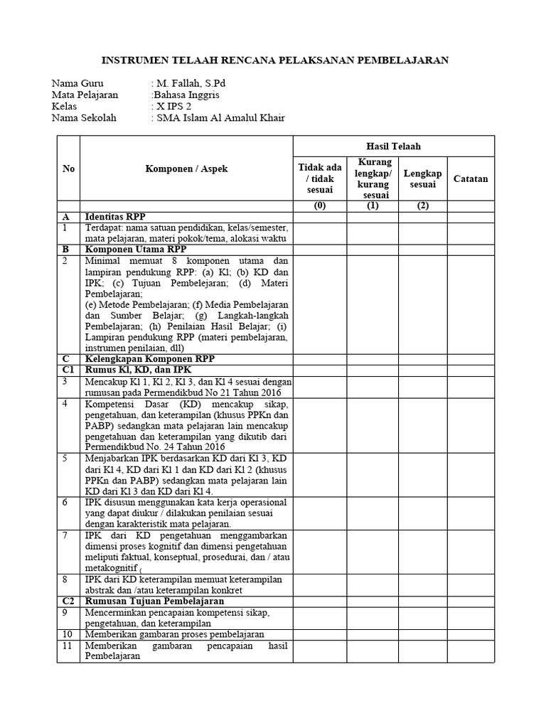 Instrumen Telaah Rencana Pelaksanan Pembelajaran | PDF