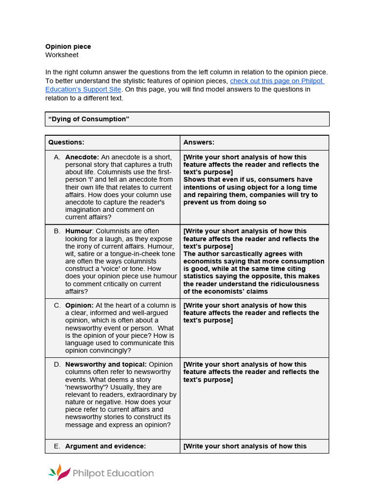 Opinion Pieces Worksheet 1 | PDF | Evidence | Logic