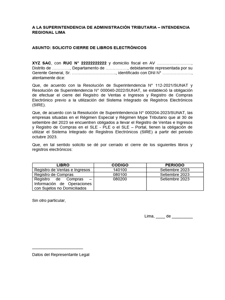 Modelo Solicitud Cierre de Libros | PDF