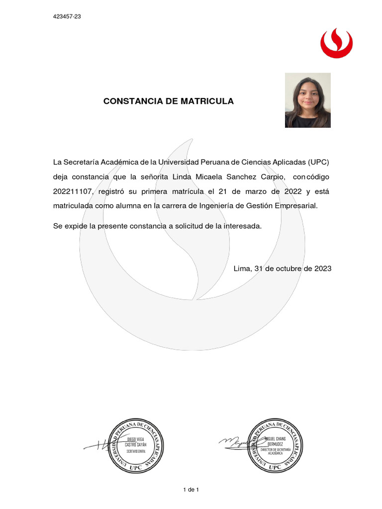 Certificado Matricula UPC | PDF