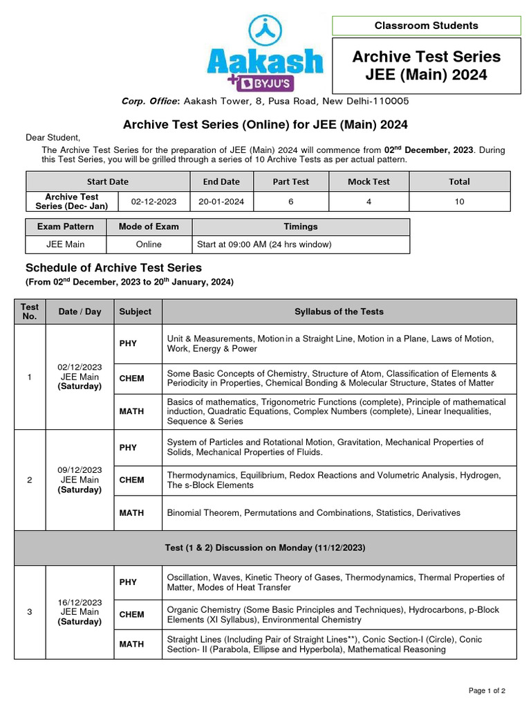Archive Test Series JEE (Main) 2024 | PDF | Chemistry | Electromagnetic ...