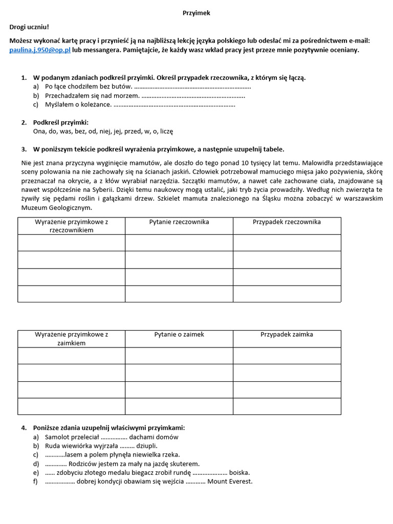 POLSKI Zad. 2 Przyimek-Klasa-5 | PDF