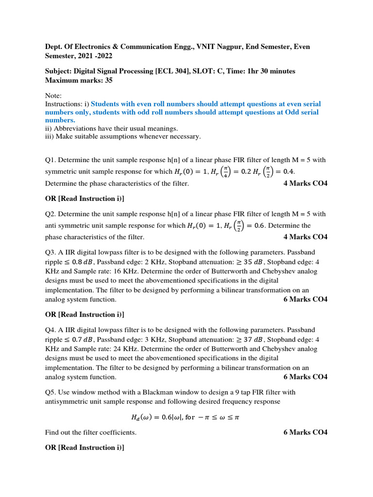 DSP Exam Questions and Filter Design | PDF | Filter (Signal Processing ...