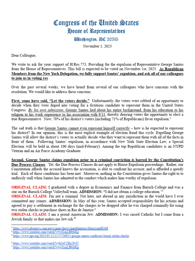 New York Republicans' Letter On The George Santos Expulsion Resolution ...